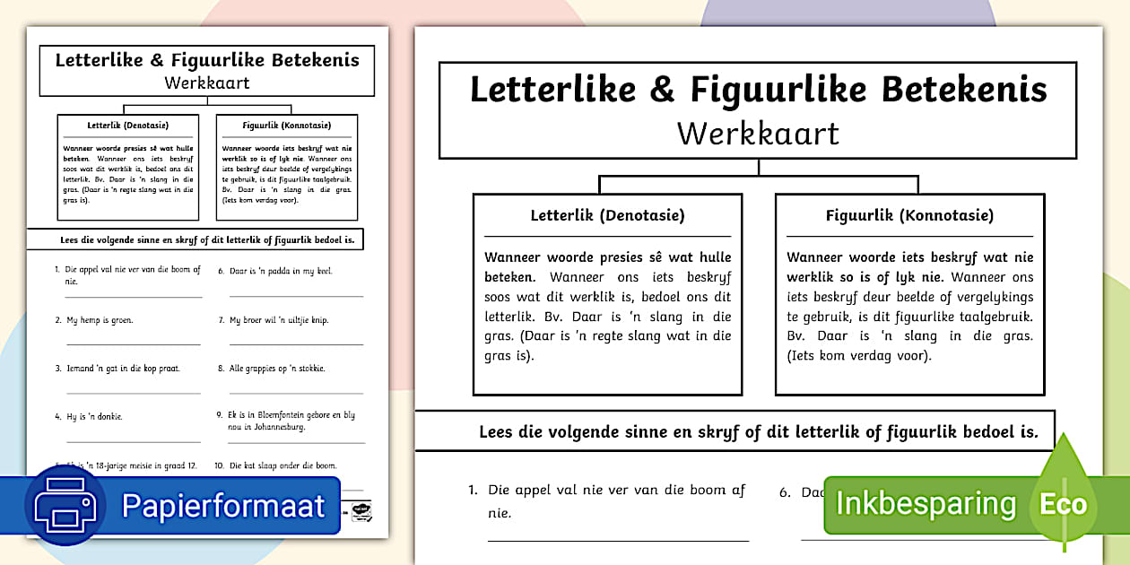 Letterlike en Figuurlike Betekenis Werkkaart - Twinkl