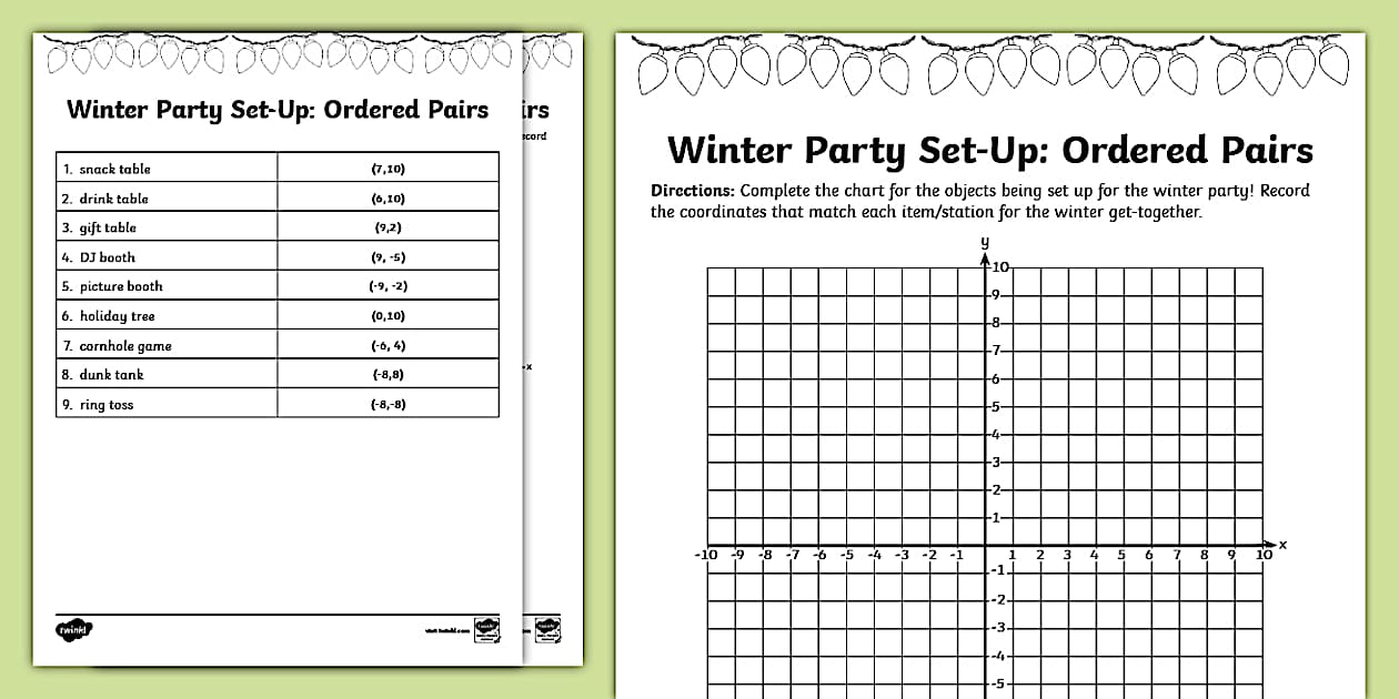 Fifth Grade Winter Party Set-Up: Ordered Pairs Worksheet
