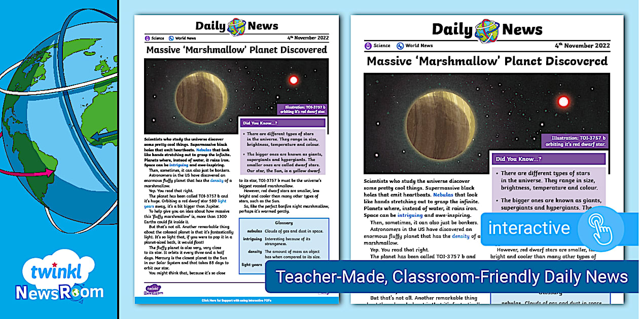 Massive 'Marshmallow' Planet Discovered -Daily NewsRoom Article (ages 9-11)