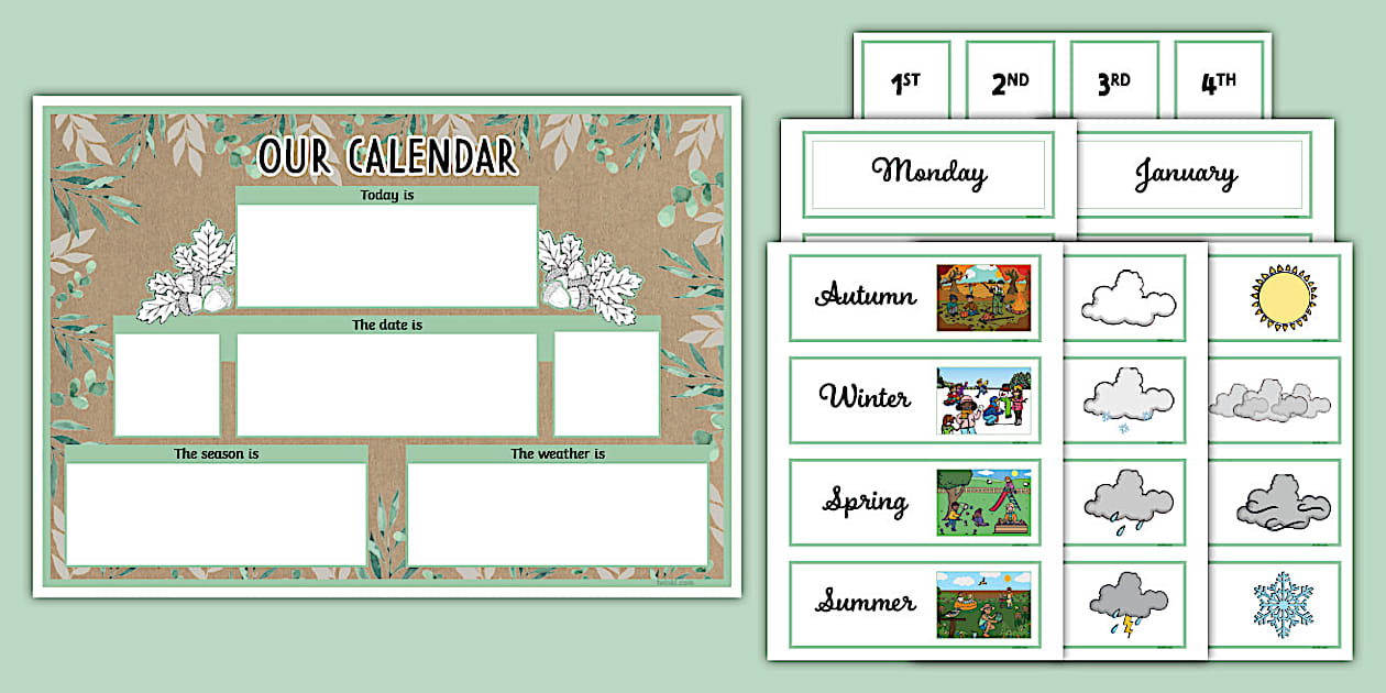 Muted Botanical Themed Acorn Daily Calendar and Weather Chart