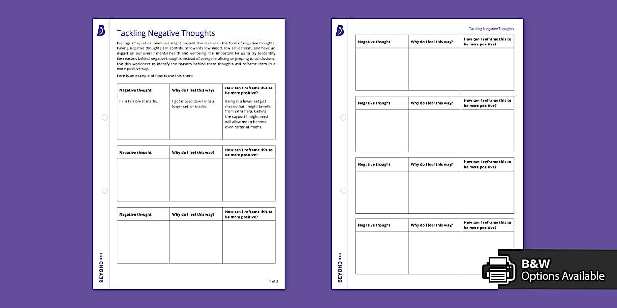 Reframing Negative Thoughts Worksheet | Beyond PSHE - Twinkl