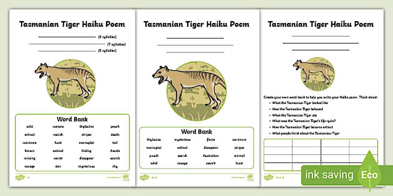 Black and White Tasmanian Tiger Haiku Poem Differentiated Worksheets