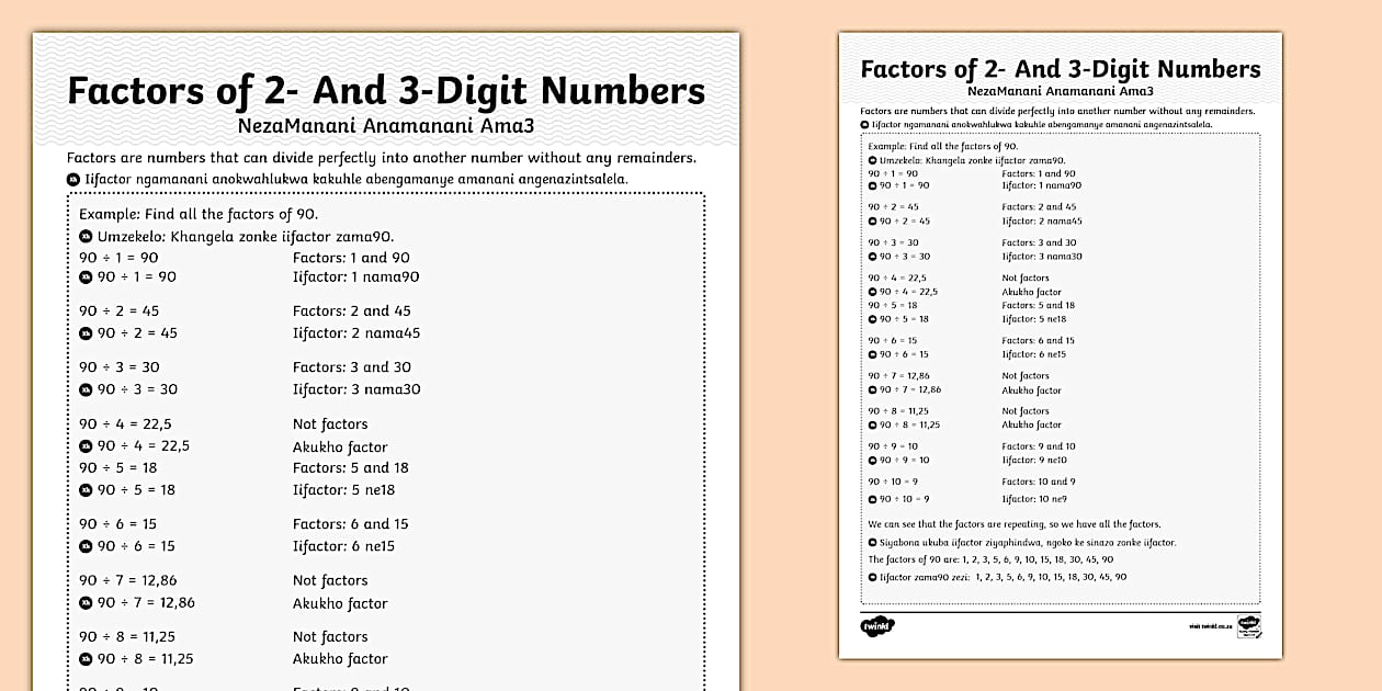 Factors of 2- And 3-Digit Numbers Activity Sheet IsiXhosa