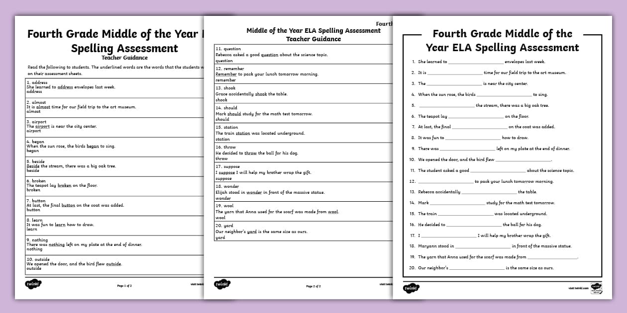 Fourth Grade Middle of the Year ELA Spelling Assessment