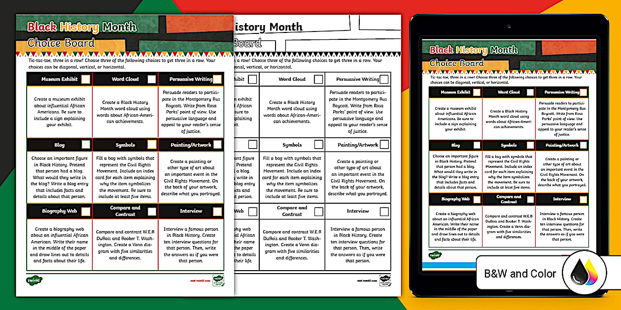 6th-8th Grade Black History Month Choice Board | Twinkl USA