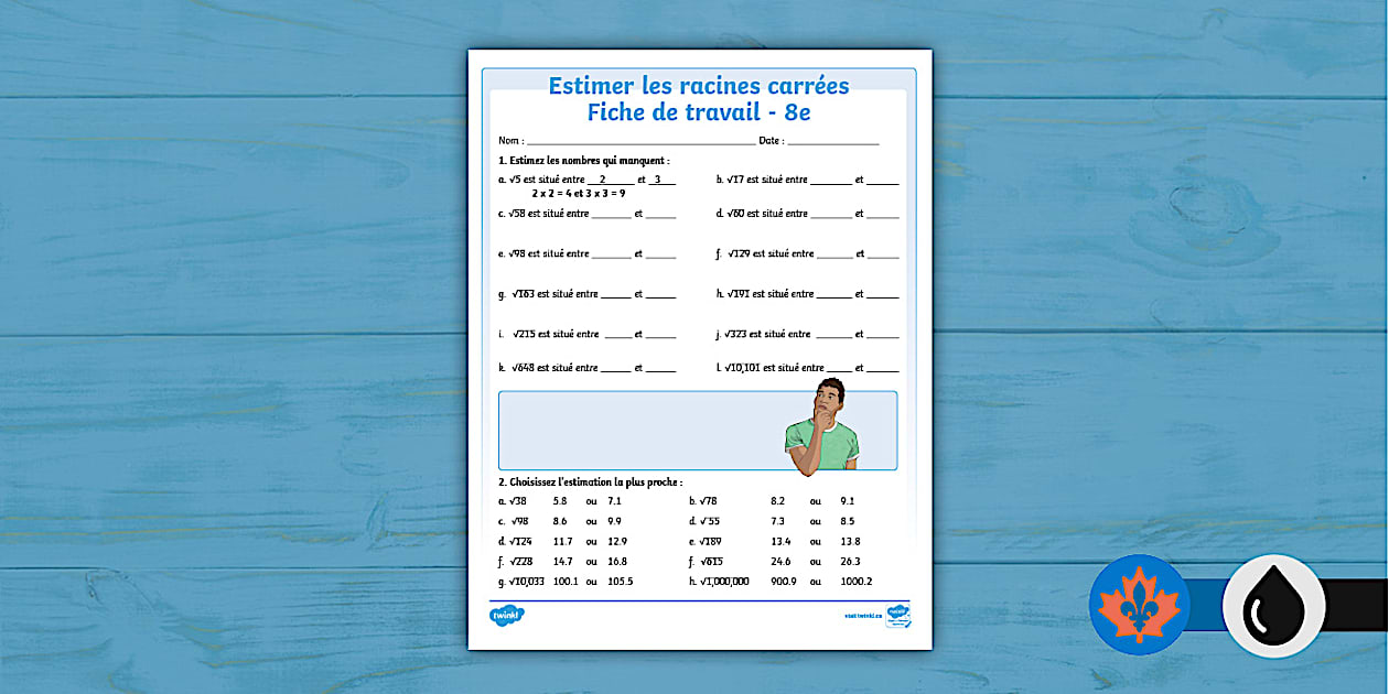 * NEW * Estimating Square Roots Worksheet - Grade 8 French