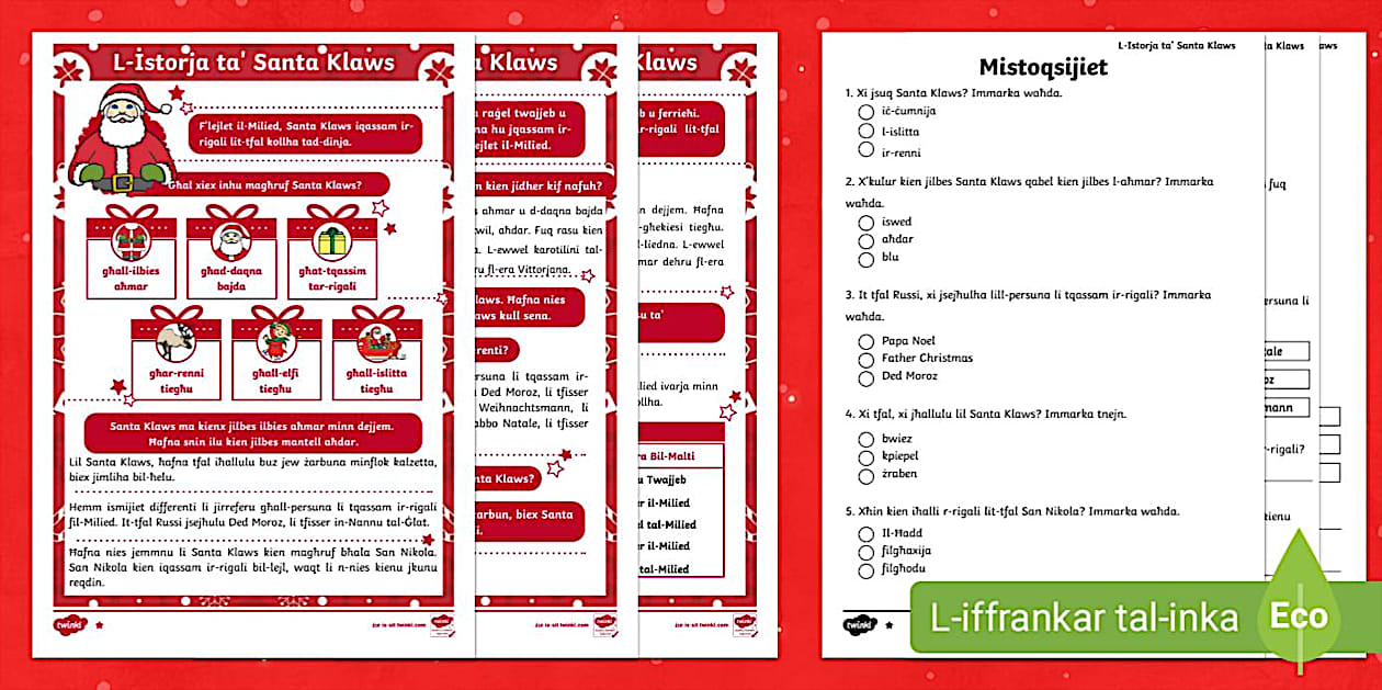 Taħriġ il-Fehem - L-Istorja ta' Santa Klaws (Teacher-Made)