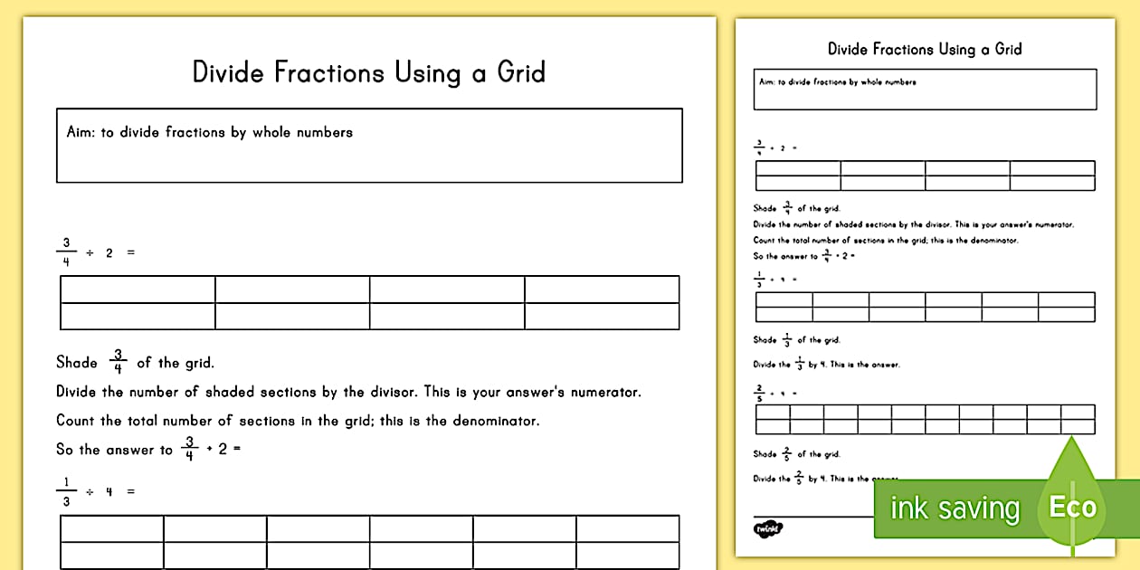 Divide Fractions Using a Grid Worksheet / Worksheet - Twinkl