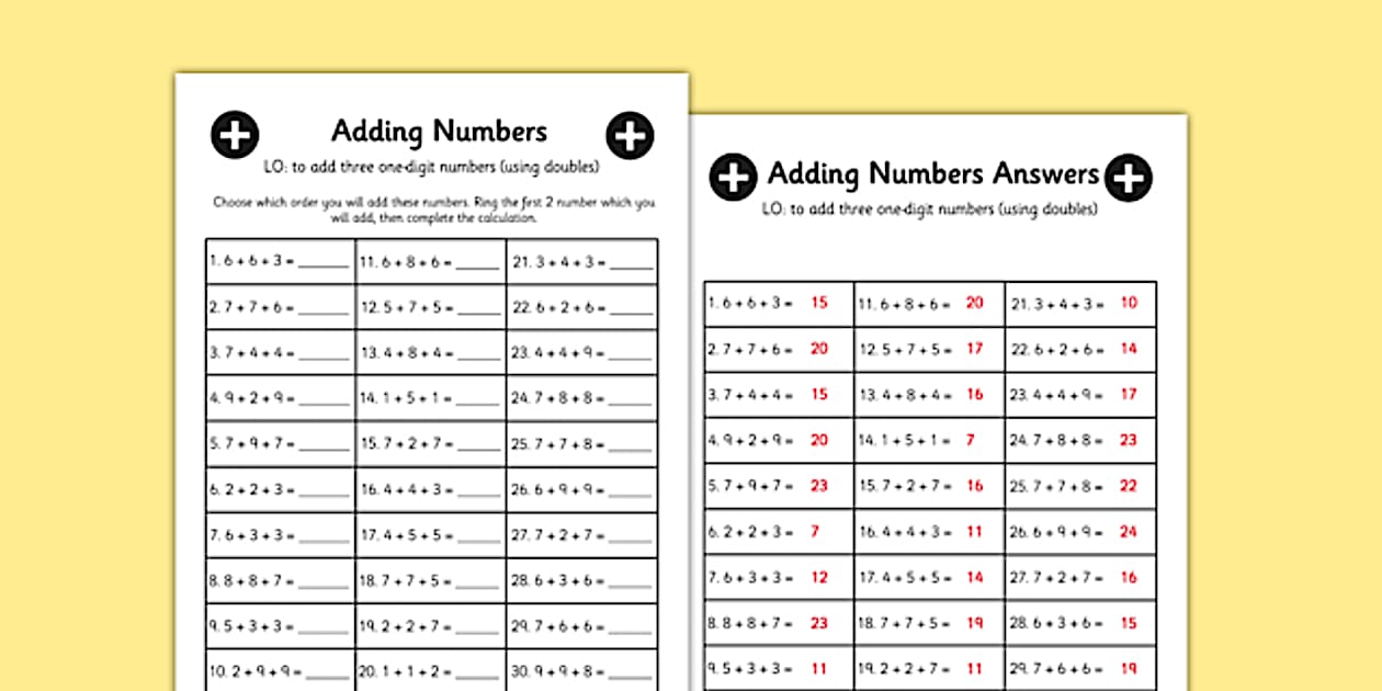 Adding 3 1 Digit Numbers Lesson 2 Worksheet (teacher made)
