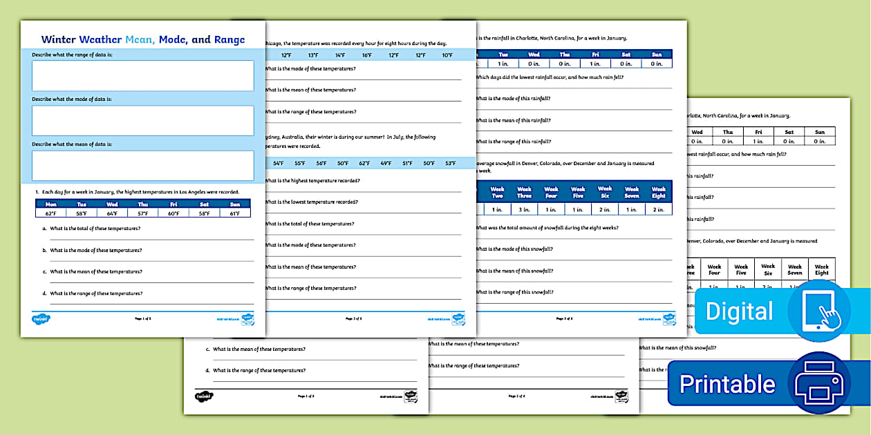 Sixth Grade Winter Weather Mean, Mode, and Range Math Activity