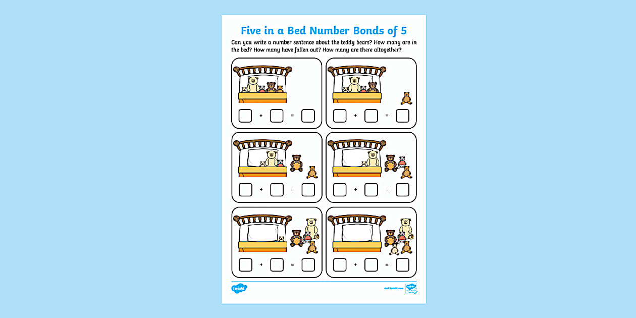 👉 Five in a Bed Number Bonds to 5 Worksheet - Twinkl