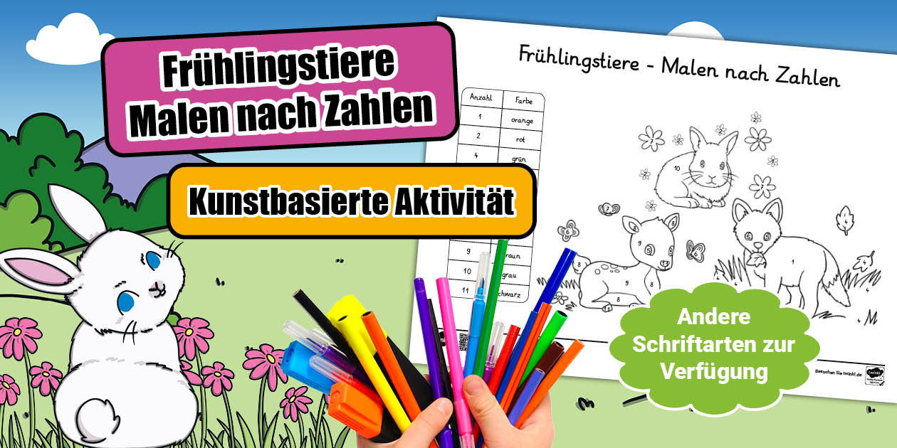 Frühlingstiere Malen nach Zahlen - Arbeitsblatt