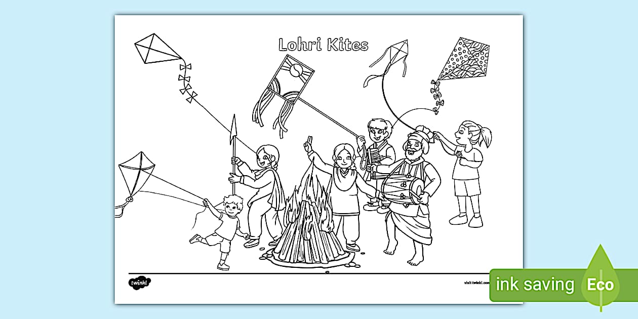 Teacher-made Lohri Kites Colouring Sheet for KS1 - Twinkl