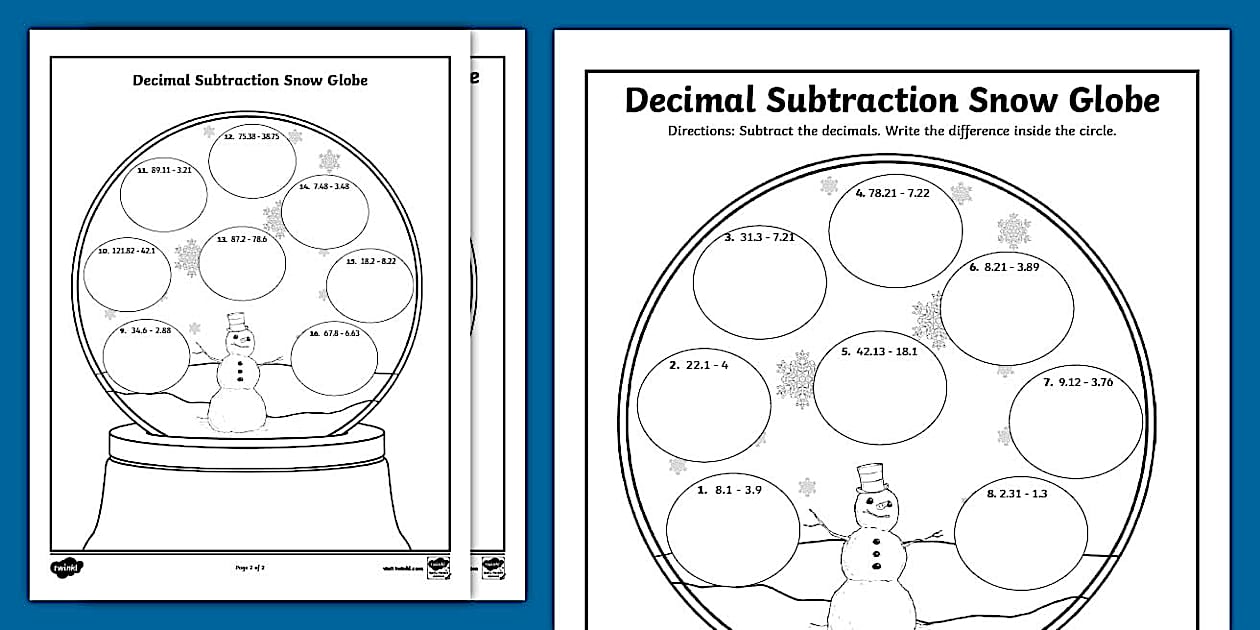 Sixth Grade Decimal Subtraction Snow Globe Worksheet