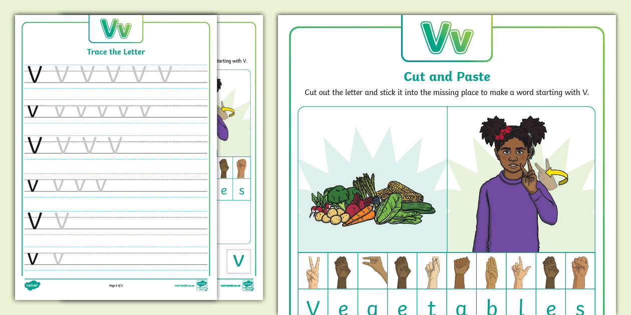 Letter V Handwriting Worksheet with SASL (teacher made)