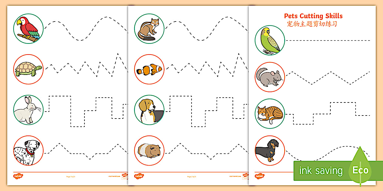 Pets Themed Cutting Skills Worksheet / Worksheets English/Mandarin Chinese