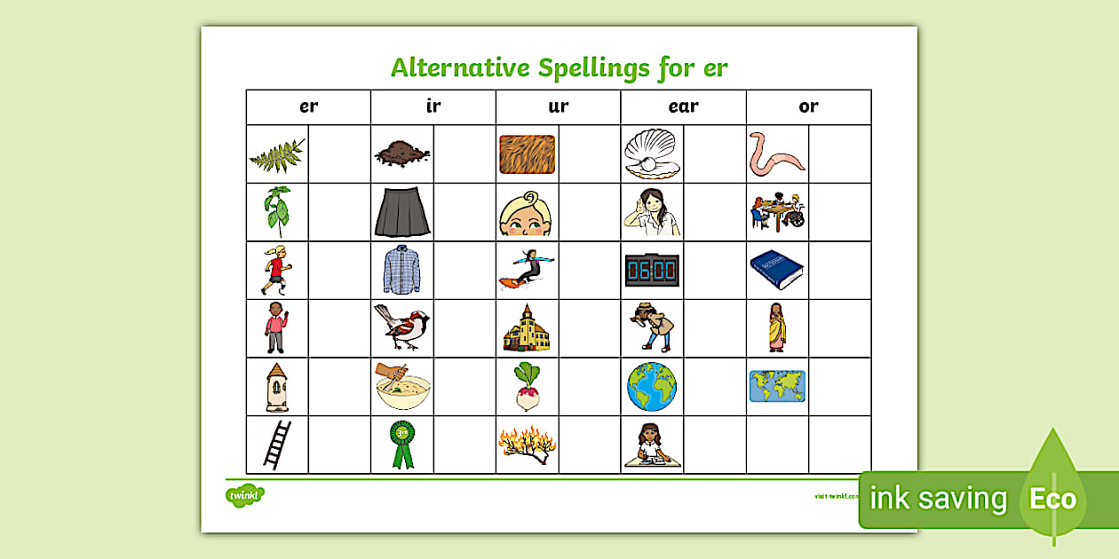 Alternative Spellings er, ur, ir, ear, or Table Worksheet