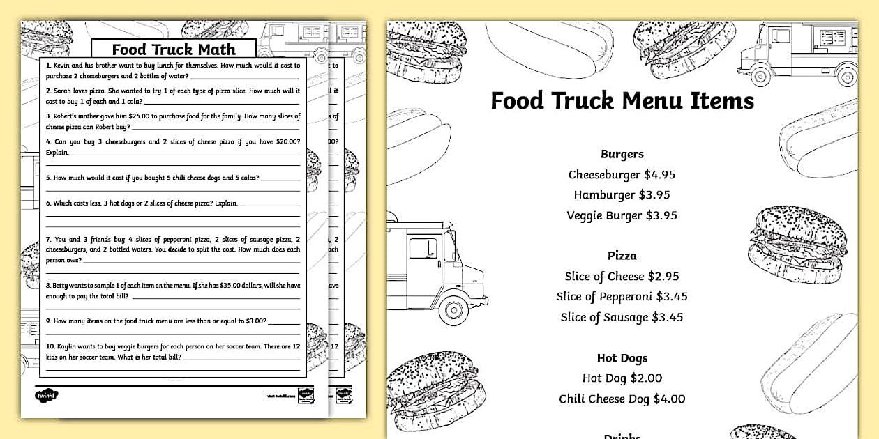Sixth Grade Operations with Decimals Food Truck Math Money Worksheet