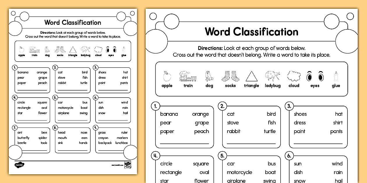Second Grade Word Classification Vocabulary Worksheet
