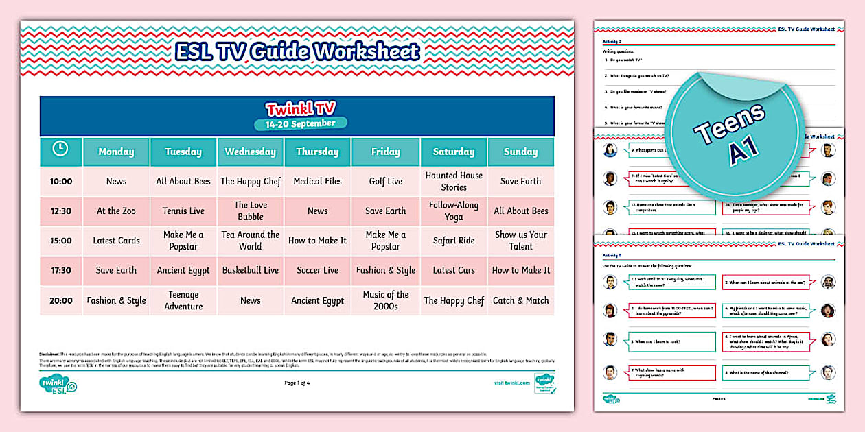 ESL TV Guide Worksheet [Teens, A1] (teacher made) - Twinkl