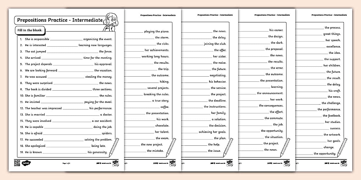 Prepositions Practice 100 questions - Intermediate - Twinkl