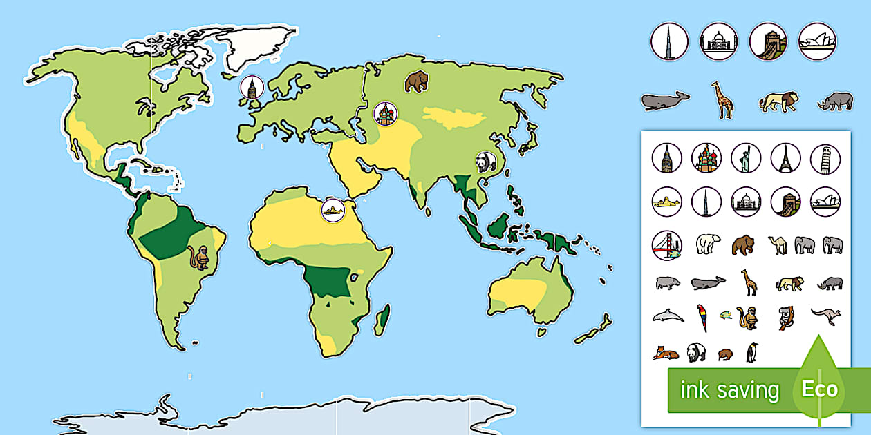 World Map Illustrated Continents Display Cut-Outs - Twinkl