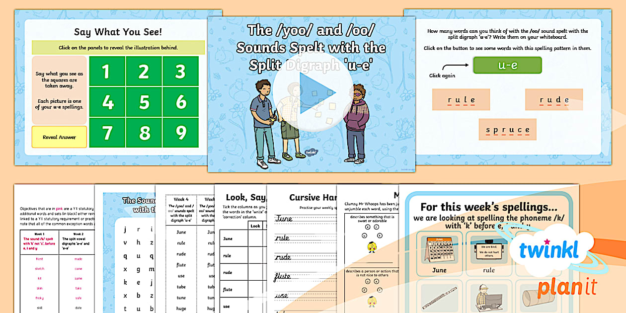 PlanIt Y1 Term 2B W4: Split Digraph 'u-e' Spelling Pack