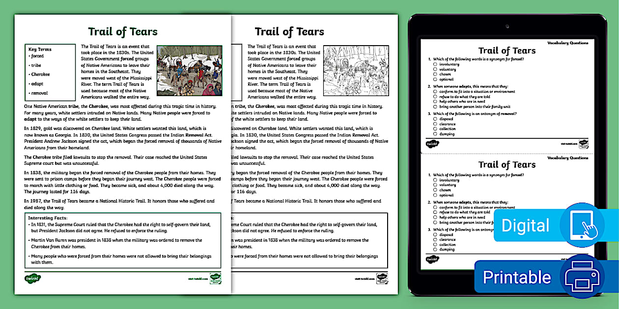 Fifth Grade Trail of Tears Fact File and Vocabulary Questions
