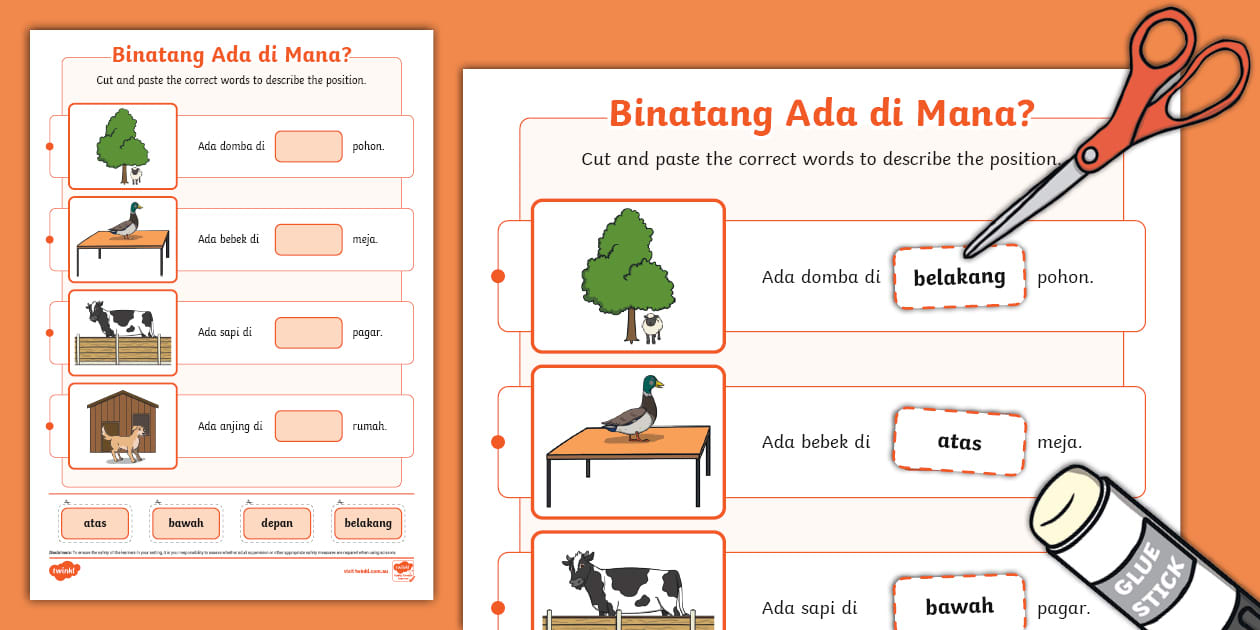 Prepositions Cut and Paste Activity - Indonesian - Twinkl