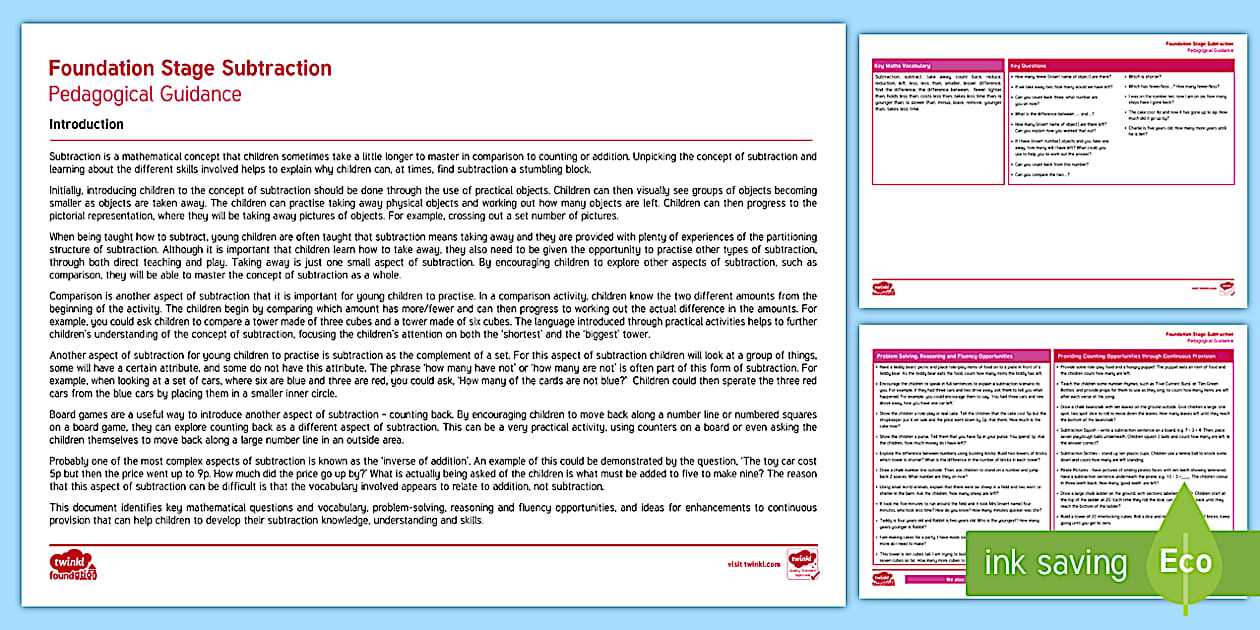 EYFS Pedagogical Guidance: Subtraction - Twinkl