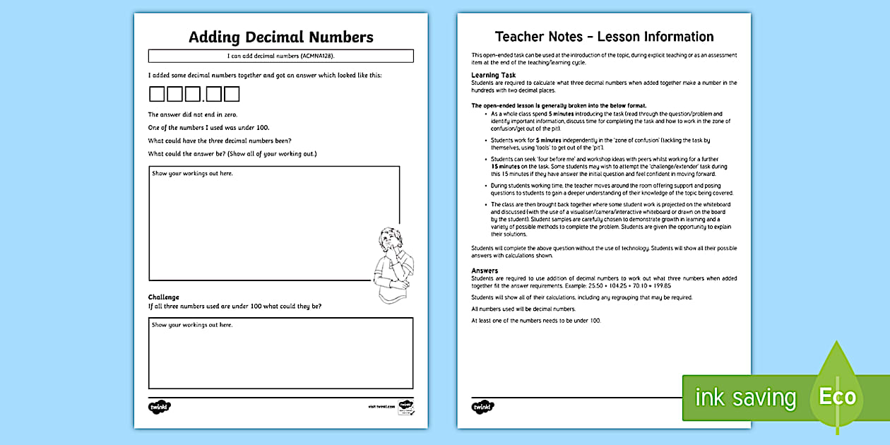 SA Adding Decimal Numbers Open-Ended Task Worksheet - Twinkl