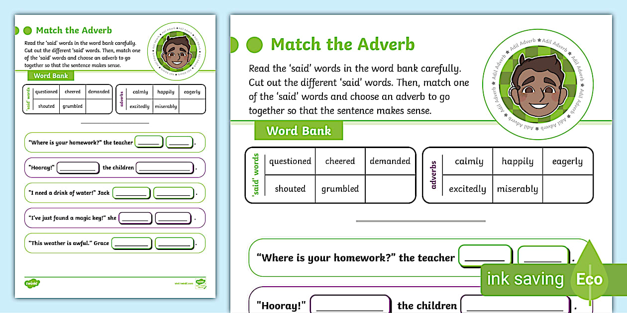 Editable Adverb Matching Worksheet (teacher made) - Twinkl