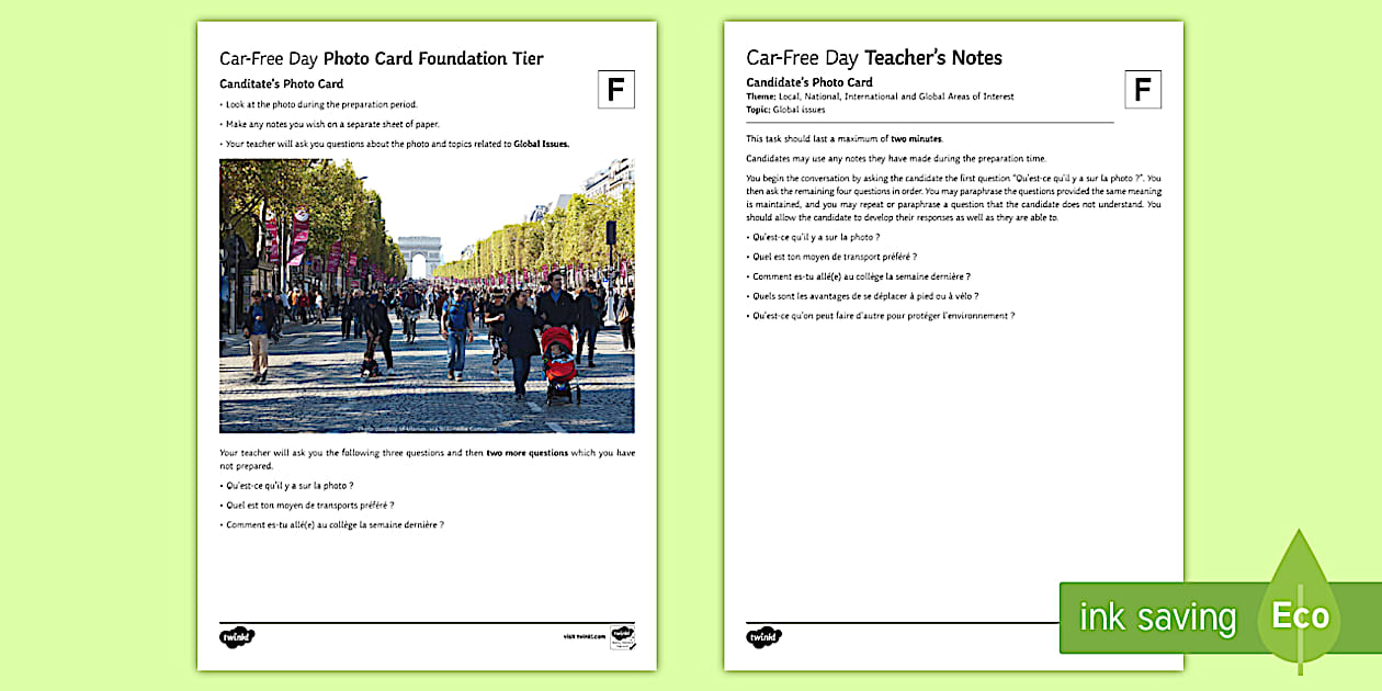 Car-Free Day GCSE Foundation Tier Photo-Card French - Twinkl