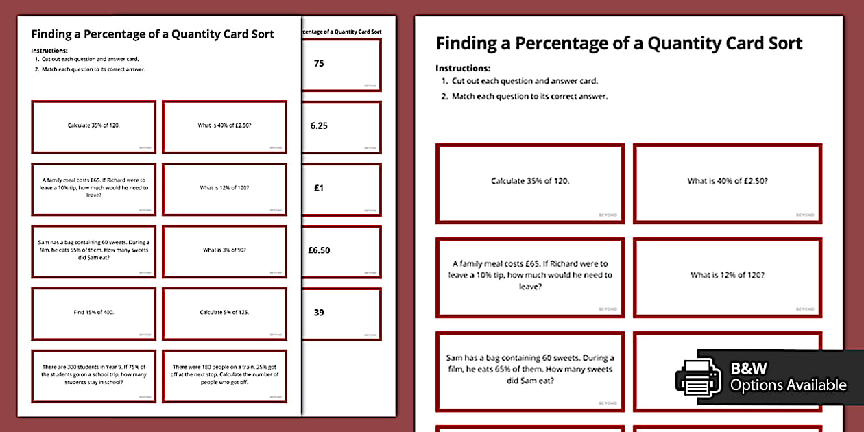 Finding a Percentage of a Quantity Sorting Cards - Twinkl