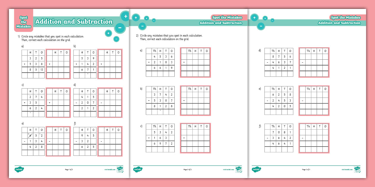 KS2 Maths - Spot the Mistakes Column Addition and Subtraction