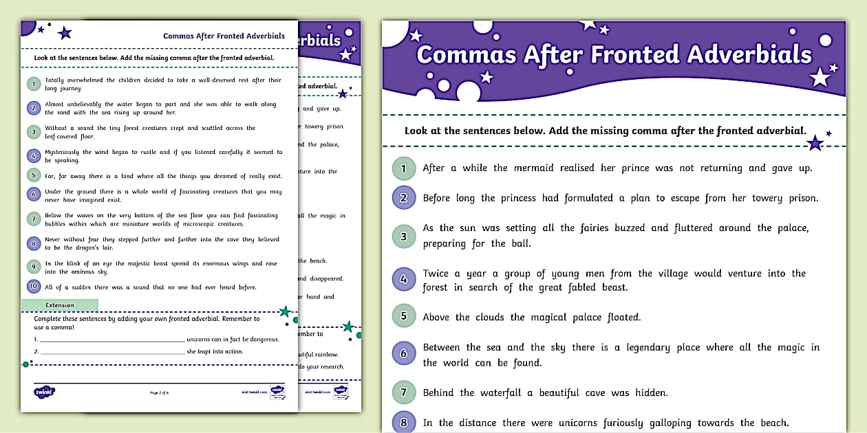 KS2 Commas After Fronted Adverbials Worksheets - Twinkl