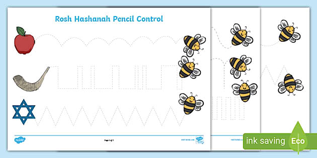 Rosh Hashanah Pencil Control Worksheets - Kindergarten - Festival