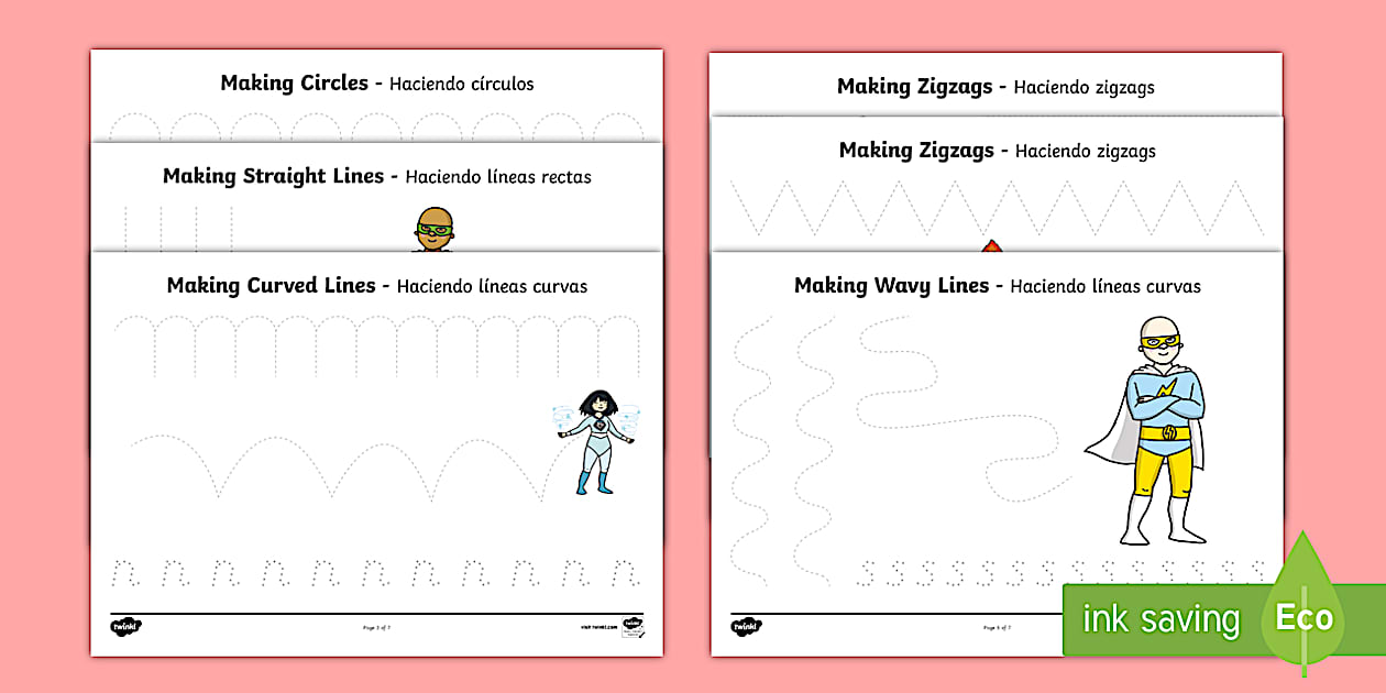 Superhero-Themed Pencil Control Worksheet / Worksheets English/Spanish