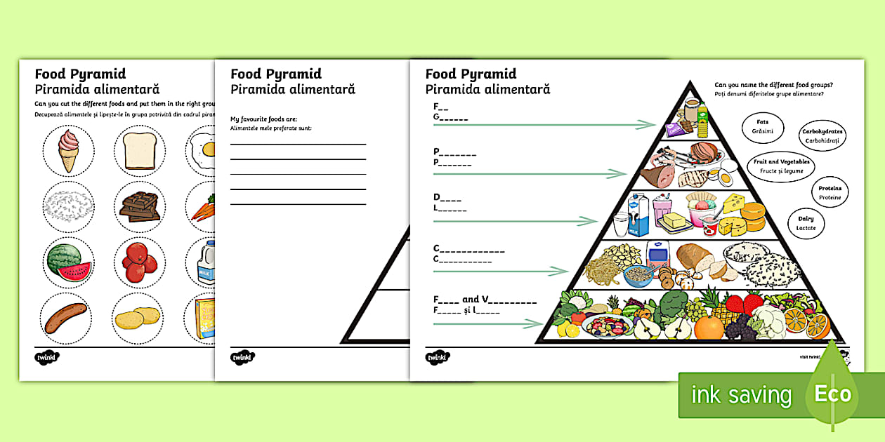 Food Writing Pyramid Activity English/Romanian - Twinkl