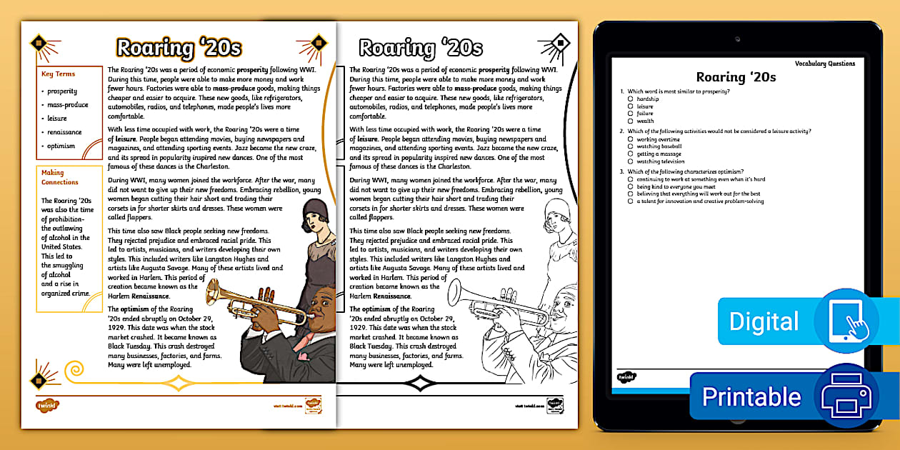 Fifth Grade Roaring '20s Fact File and Vocabulary Questions