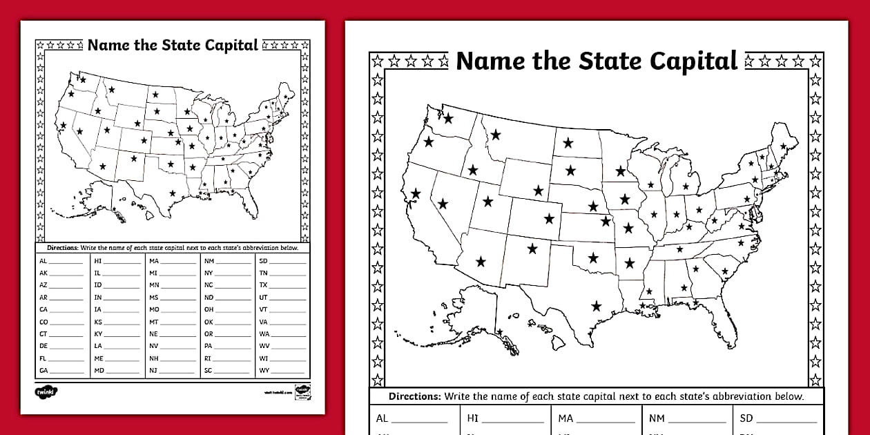 Name the State Capital Worksheet for 3rd-5th Grade - Twinkl