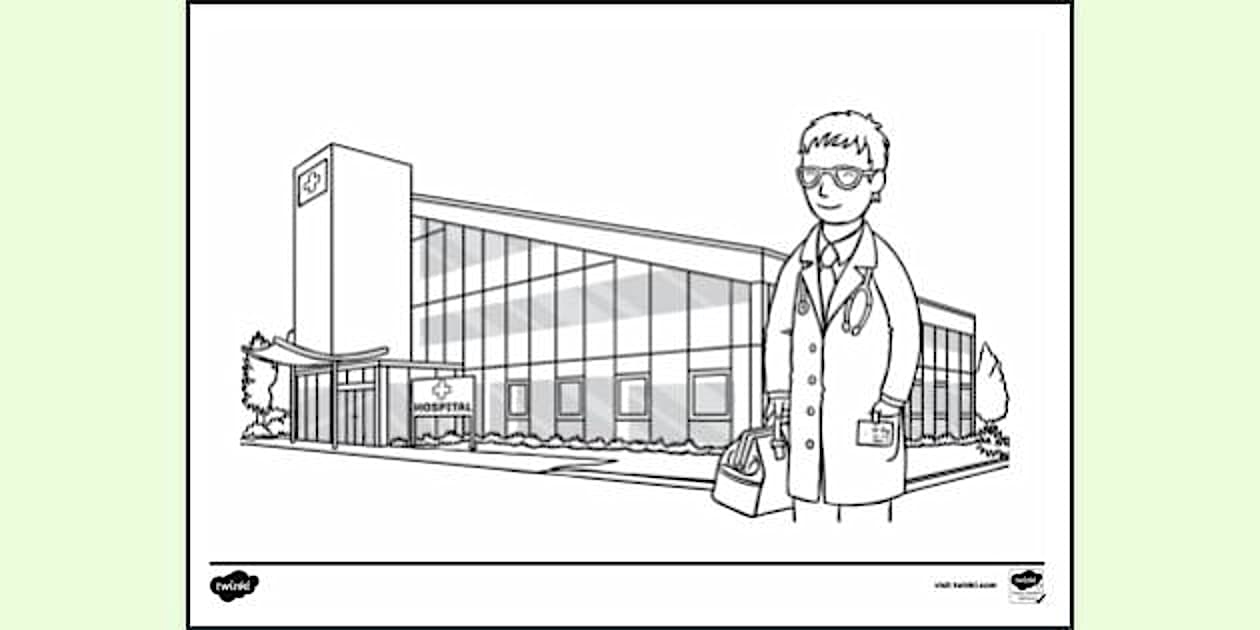 Doctor in front of Hospital Colouring | Colouring Sheets