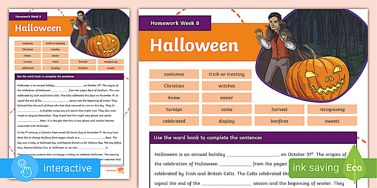 Homework Cloze Procedure 3rd/4th Class Week 8 Halloween