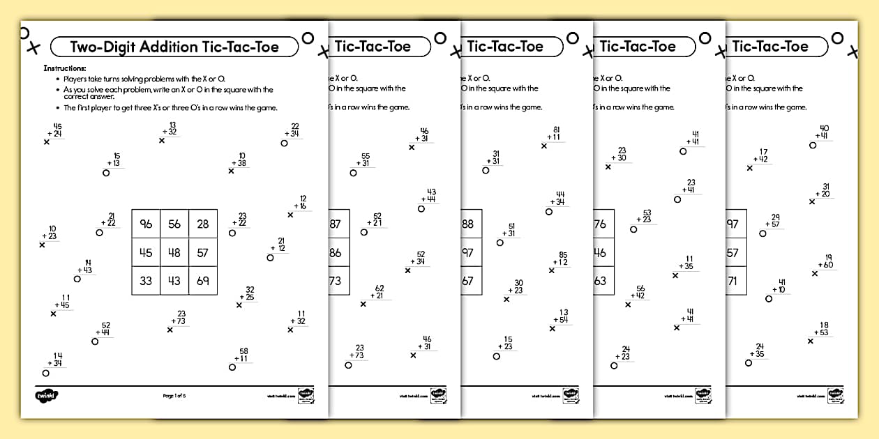 Second Grade Two-Digit Addition Tic-Tac-Toe Game - Twinkl