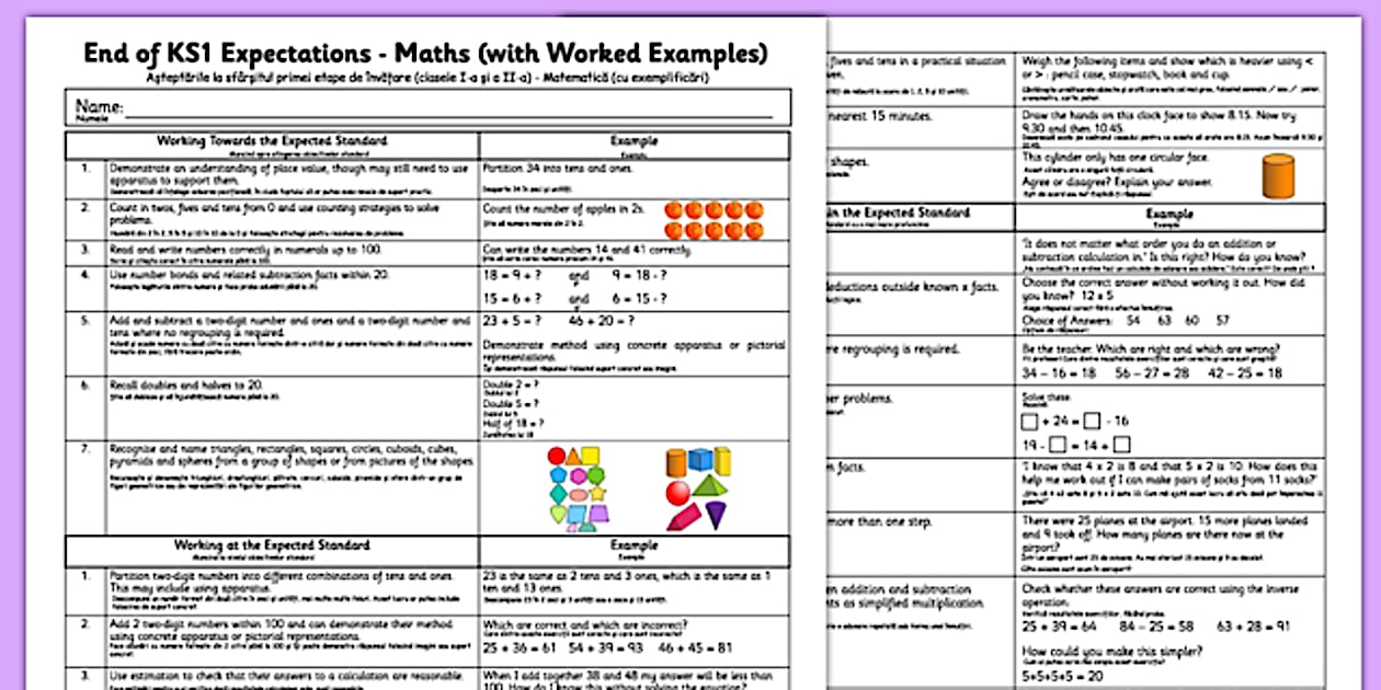 End of KS1 Expectations Maths with Worked Examples Romanian Translation