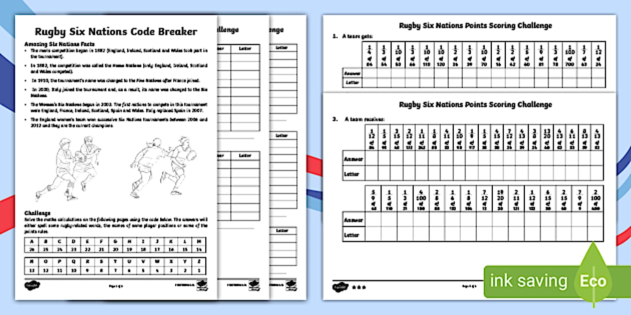 Editable KS2 Rugby Six Nations Code Breaker Differentiated Maths Worksheets