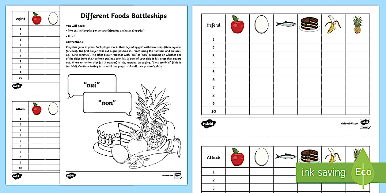 Editable Different Foods Battleships Game French - Twinkl