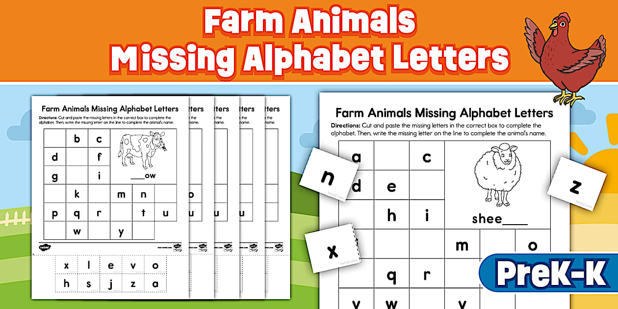 Farm Animals Missing Alphabet Letters Cut and Paste Worksheets for PreK-K