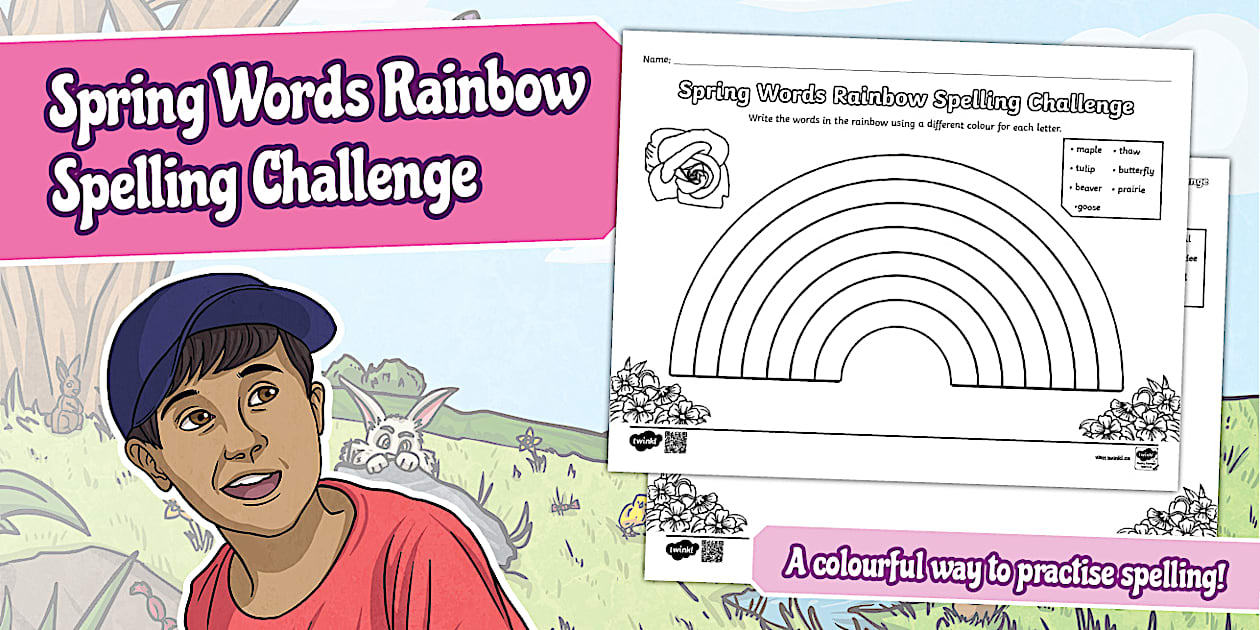 Spring-Themed Words Rainbow Spelling Worksheet