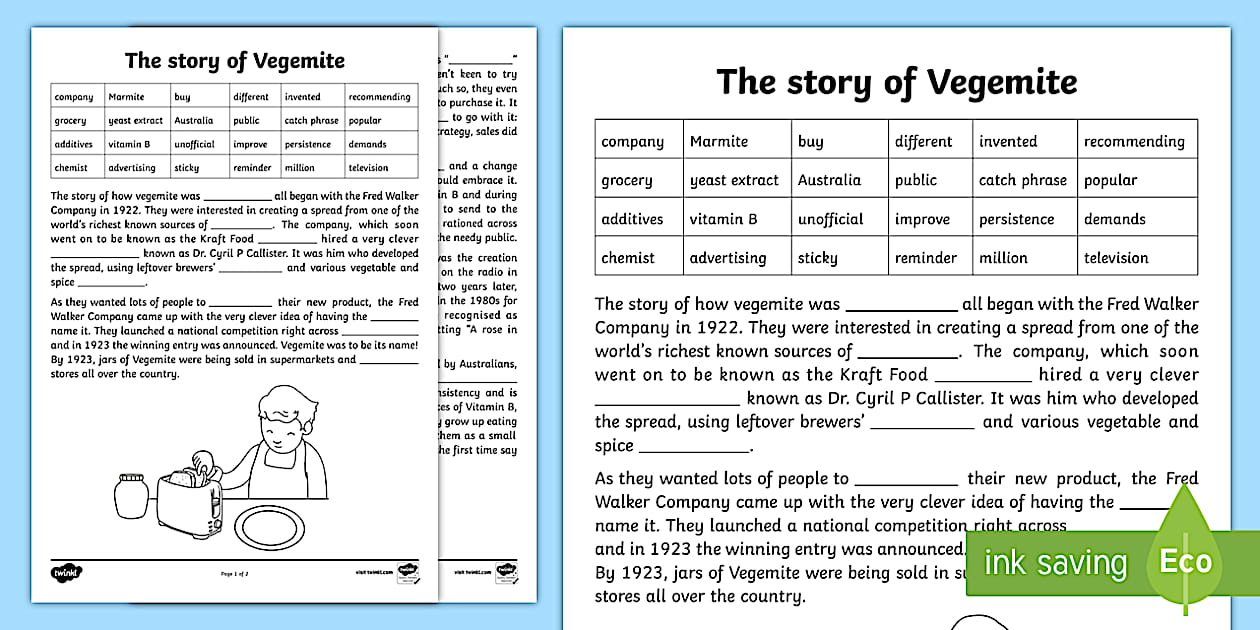 NSW Vegemite Cloze Worksheet (professor feito) - Twinkl
